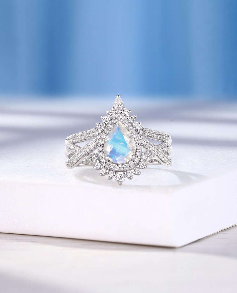 Vintage Pear Moonstone Engagement Ring Set, Twisted Half Eternity Band ...