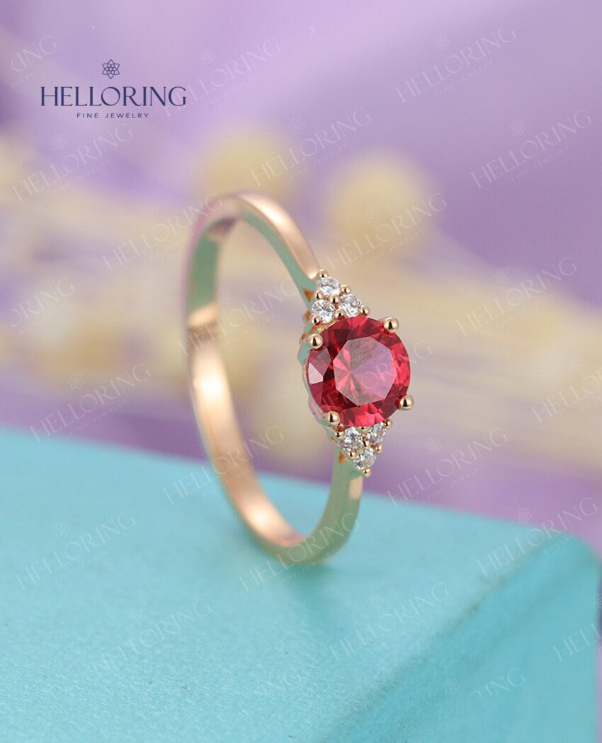 Ruby Engagement Ring Rose Gold Engagement Ring Women Cluster | Etsy UK