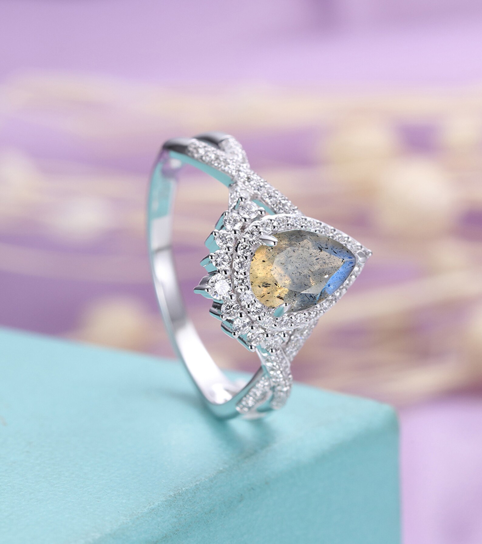 Vintage Labradorite Engagement ring set White gold wedding | Etsy