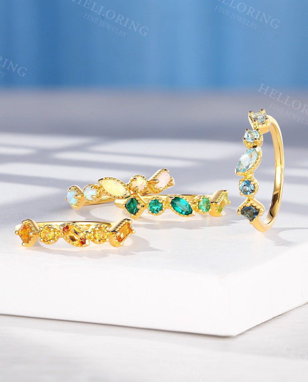 Irregular Multi-stone Gemstone Ring Opal / Emerald / Citrine Colourful ...