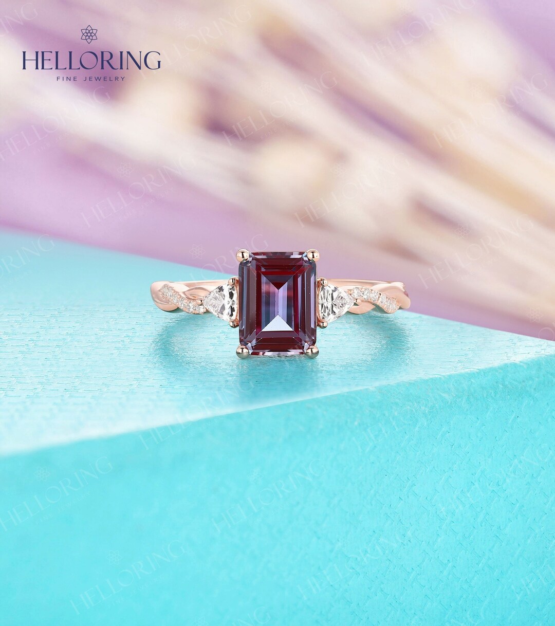Emerald Cut Lab Alexandrite Engagement Ring Vintage Trillion Cut ...