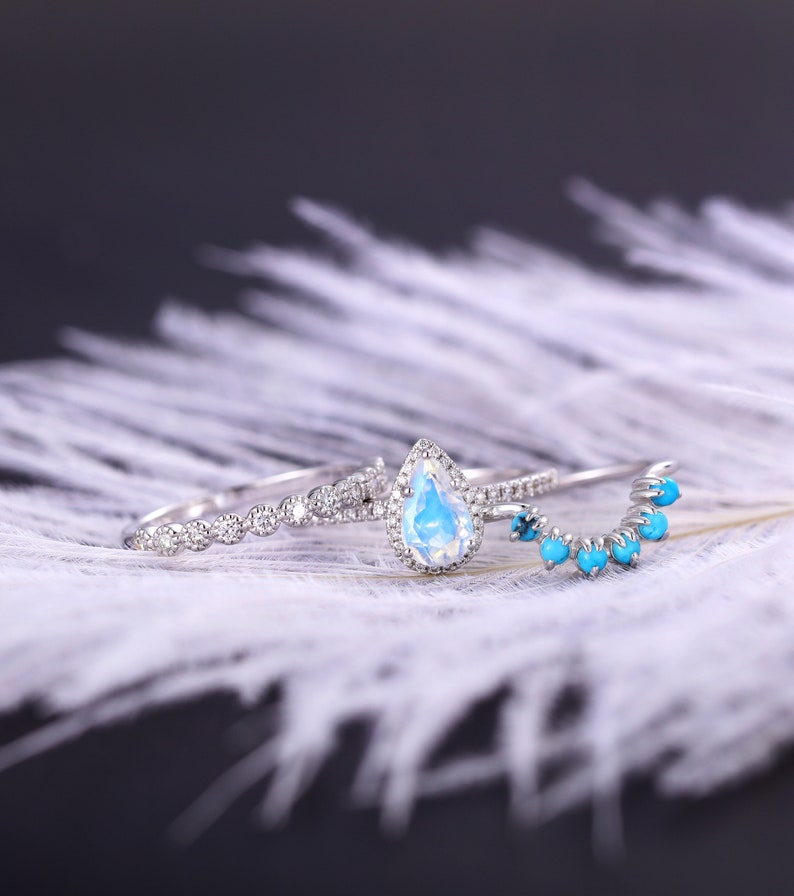 Vintage Pear Moonstone Engagement Ring Set White Gold Wedding - Etsy