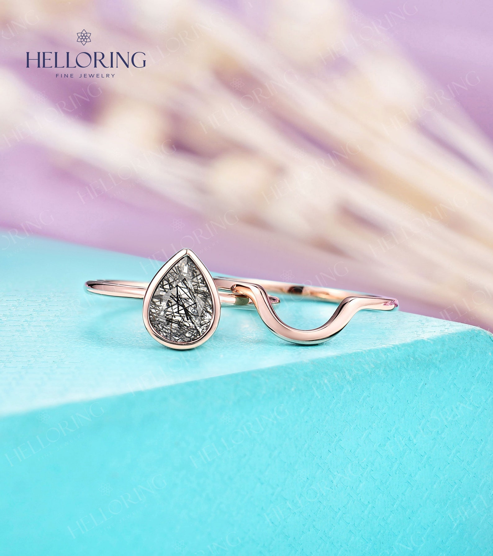 Bezel Pear Shaped Black Rutilated Quartz Engagement Ring Rose | Etsy