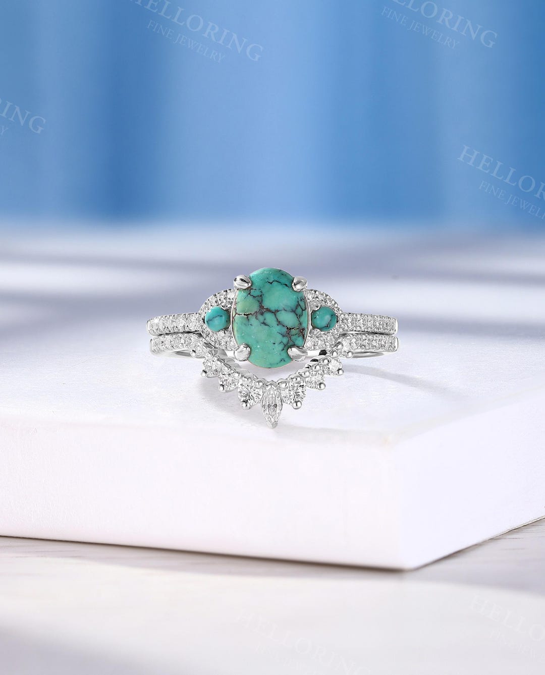 Vintage Oval Green Matrix Turquoise Engagement Ring, Moissanite Curved ...