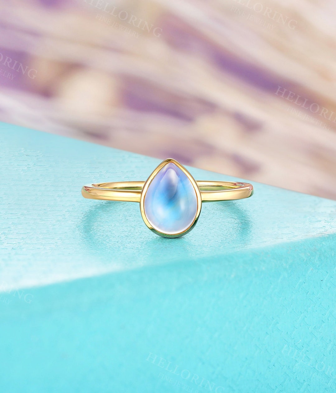 Pear Moonstone Engagement Ring 14K Rose Gold Bezel Set Simple Wedding ...