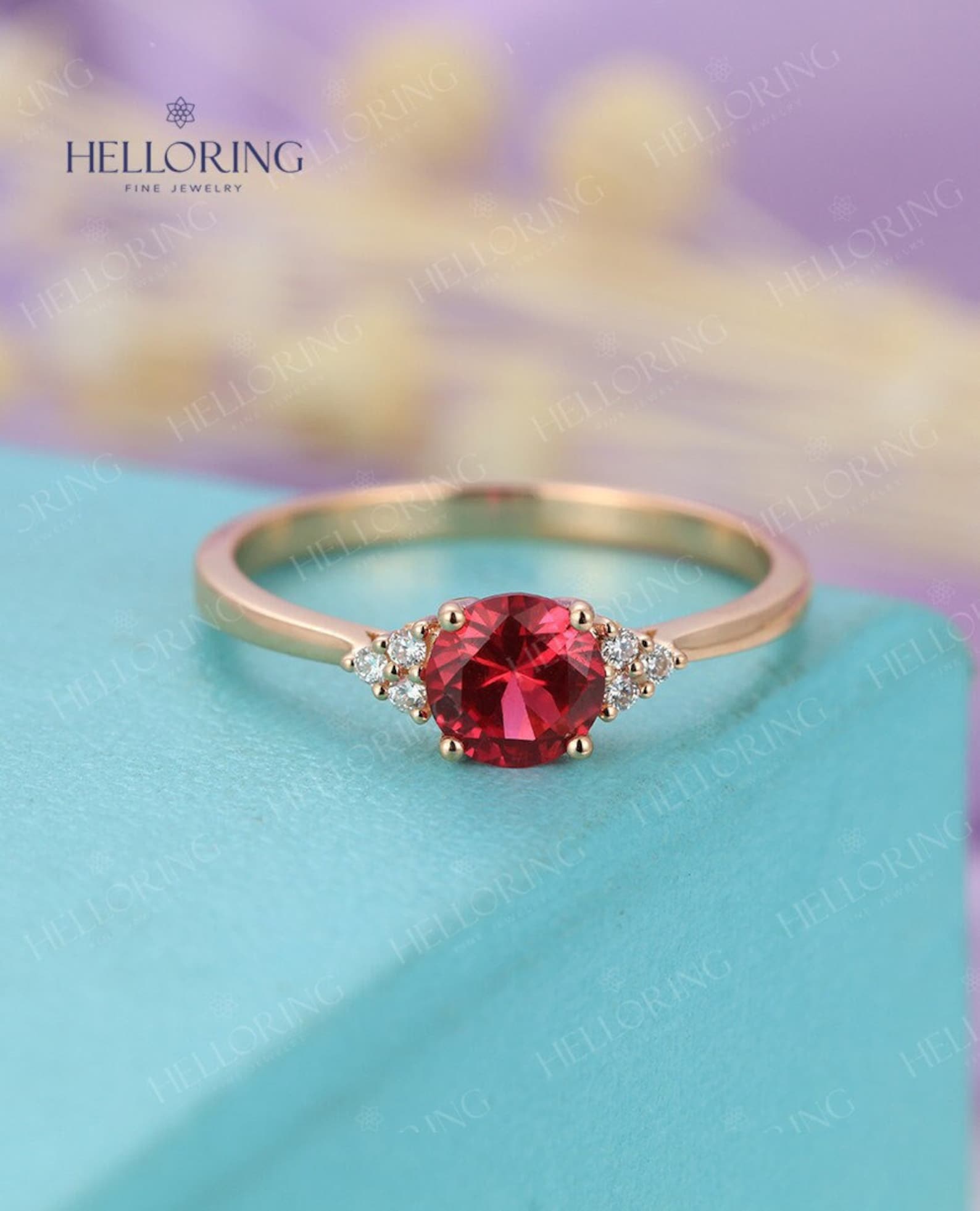 Ruby Engagement Ring Rose Gold Engagement Ring Women Cluster - Etsy