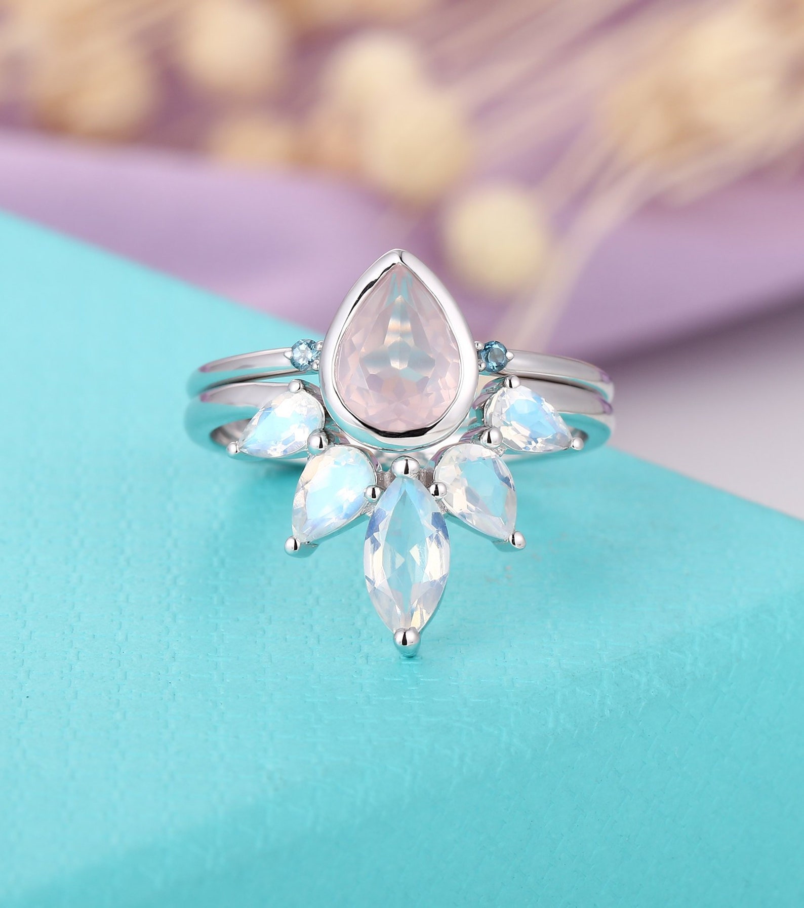 Rose Quartz Engagement Ring Set Women Moonstone Wedding Band | Etsy