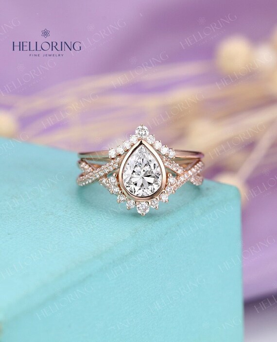 Clearance Ring 7us 8us Pear Moissanite Engagement Ring Set 14K Rose Gold Ring Set Curved Band Moissanite Ring Etsy