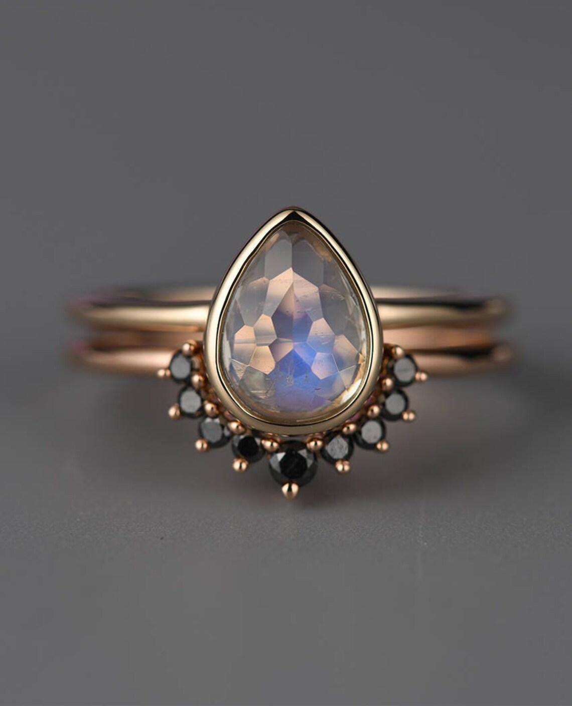 Vintage Pear Moonstone Engagement Ring Set Black Diamond Ring - Etsy
