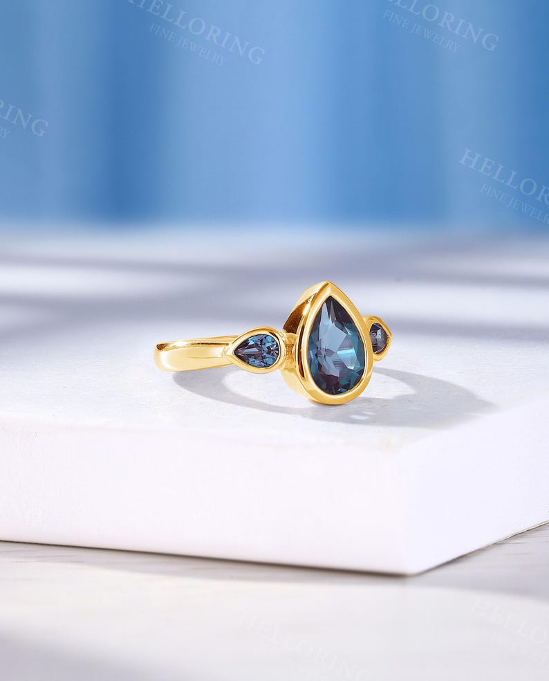 Vintage Lab Alexandrite Engagement Ring, White Gold Bezel Set, Three ...