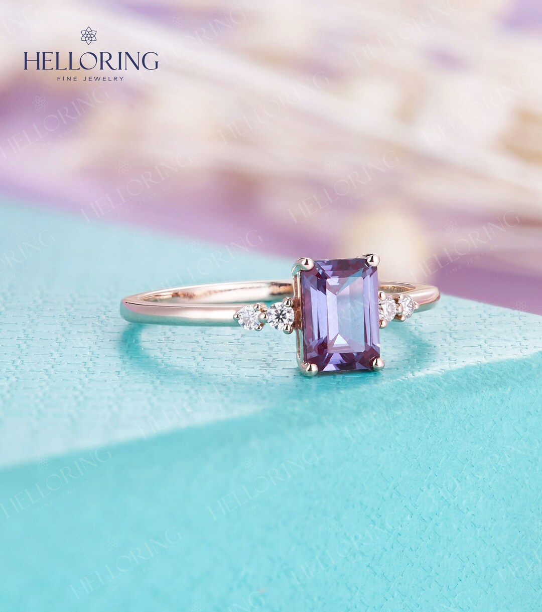 Unique Emerald Cut Alexandrite Rose Gold Engagement Ring Moissanite ...