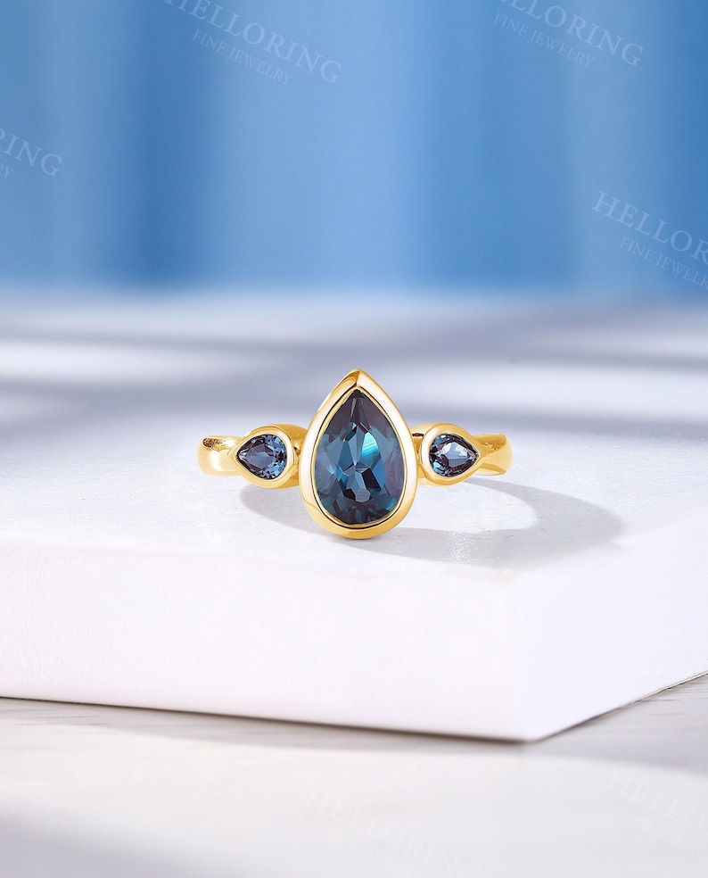 Vintage Lab Alexandrite Engagement Ring, White Gold Bezel Set, Three ...