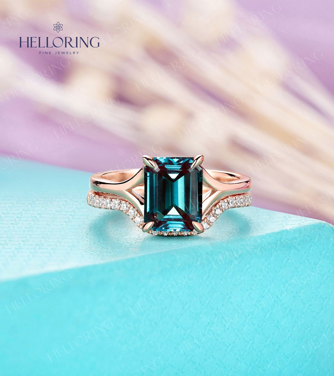 Vintage Emerald Cut Lab Alexandrite Engagement Ring Set Rose Gold Spilt ...