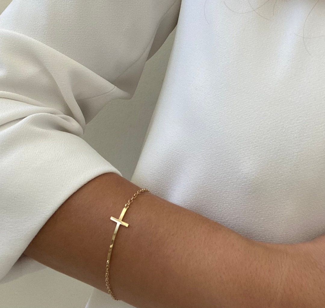 Solid Gold Bracelet. 14k Yellow Gold Cross Bracelet. Adjustable - Etsy