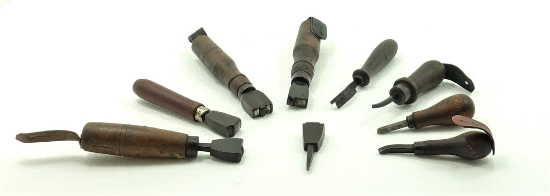 Lot of 9 Old Tools to Work Leather With Additional Elements With Wooden ...