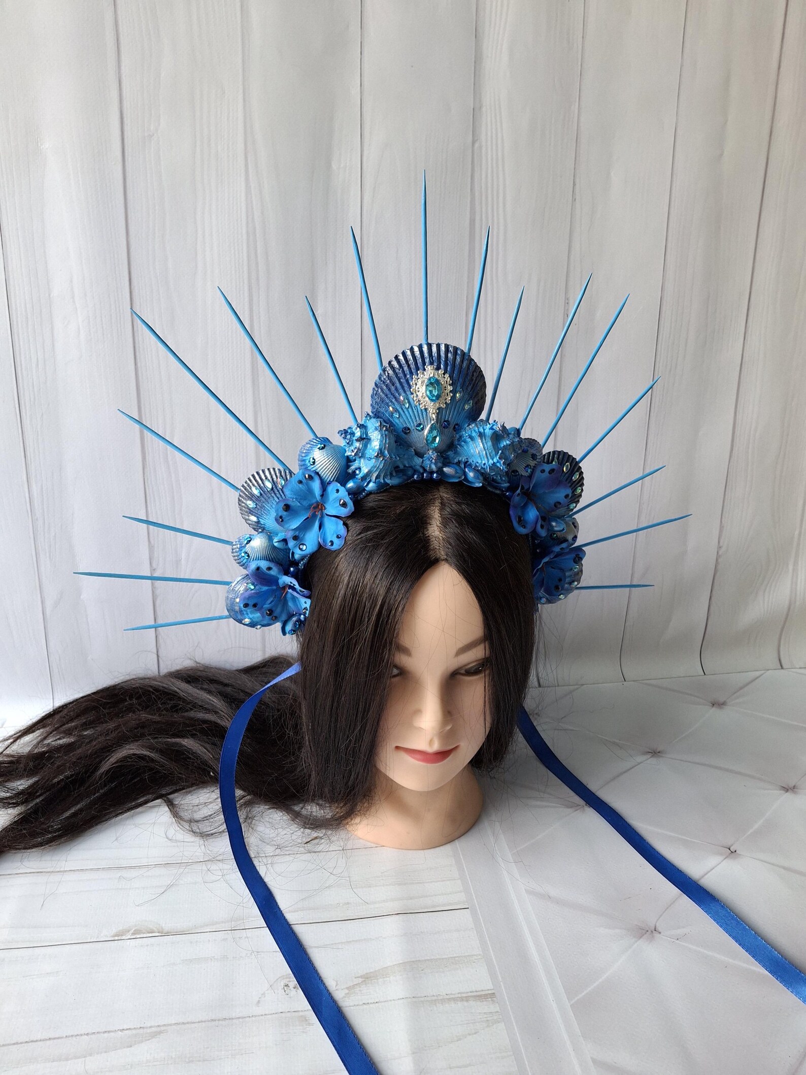 Blue Silver Mermaid Headpiece Sea Queen Halo Headdress Seashell Flower ...