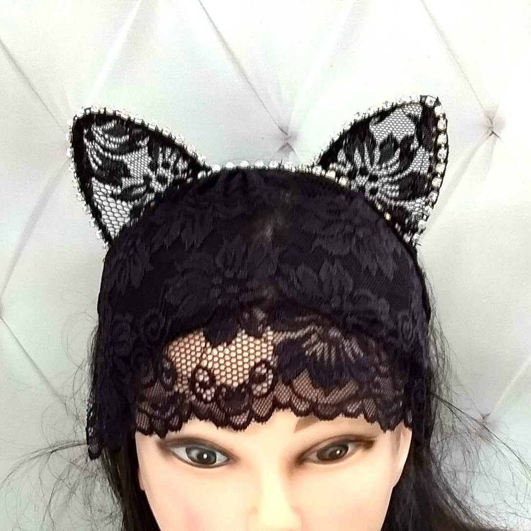 Black Cat Ears Headband Lace Kittenplay Ears Kitten Ears Bdsm Etsy