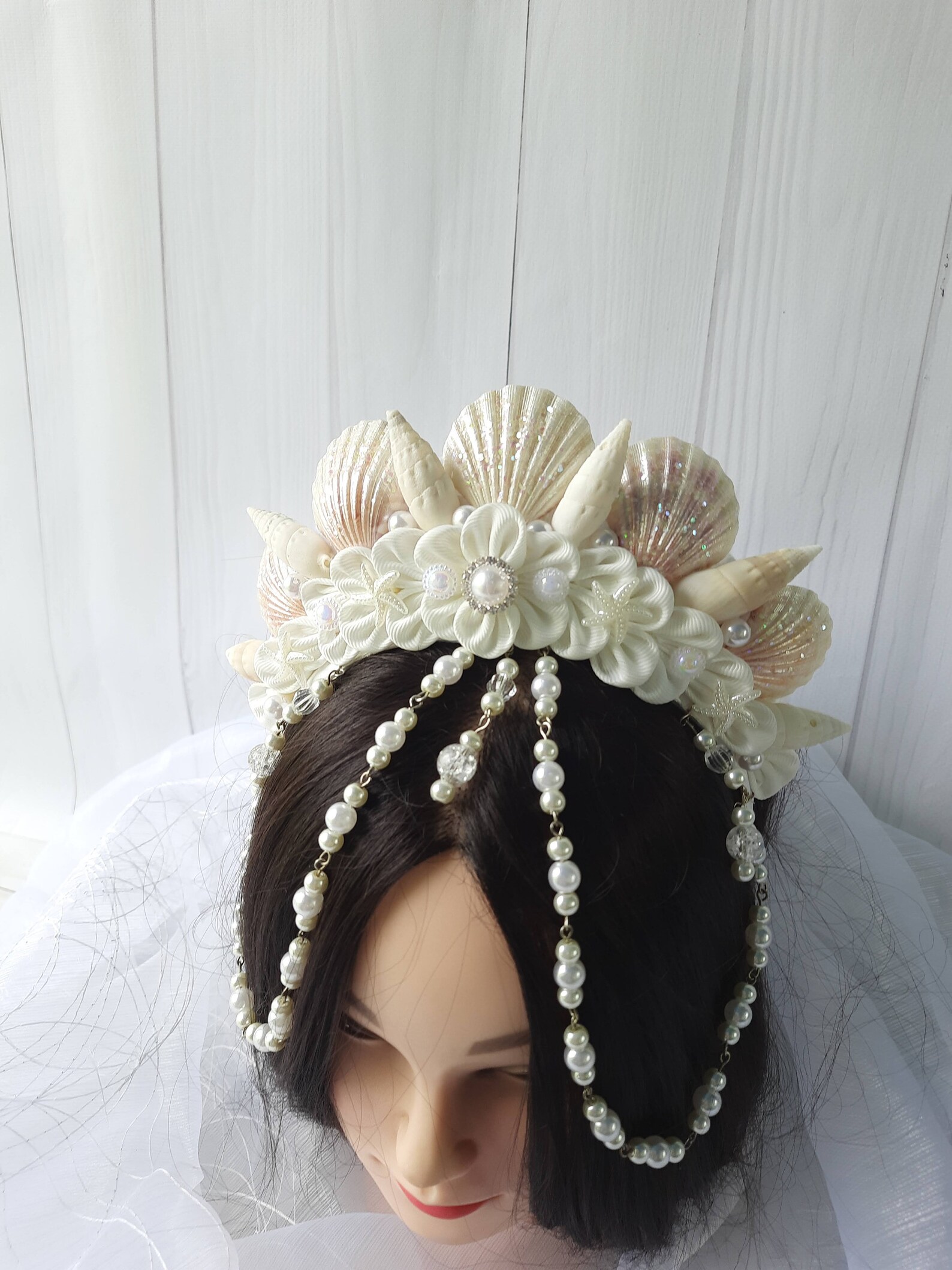 White Mermaid Crown Tiara Adult Pearl Siren Headpiece Cosplay Sea Queen ...