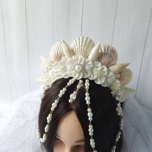 White Mermaid Crown Tiara Adult Pearl Siren Headpiece Cosplay Sea Queen ...