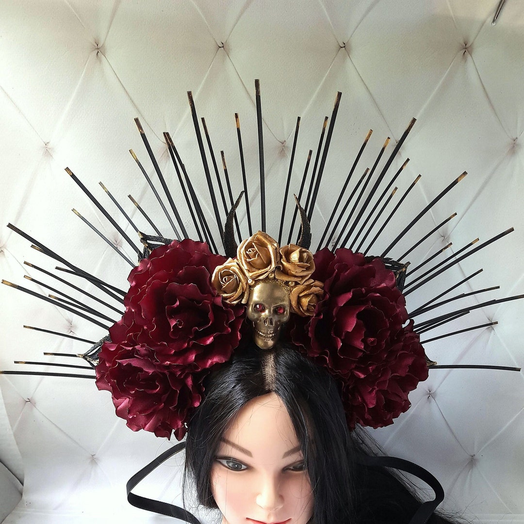 Gold Skull Goth Crown Spiked Gothic Headpiece Black Burgundy Halo Crown ...
