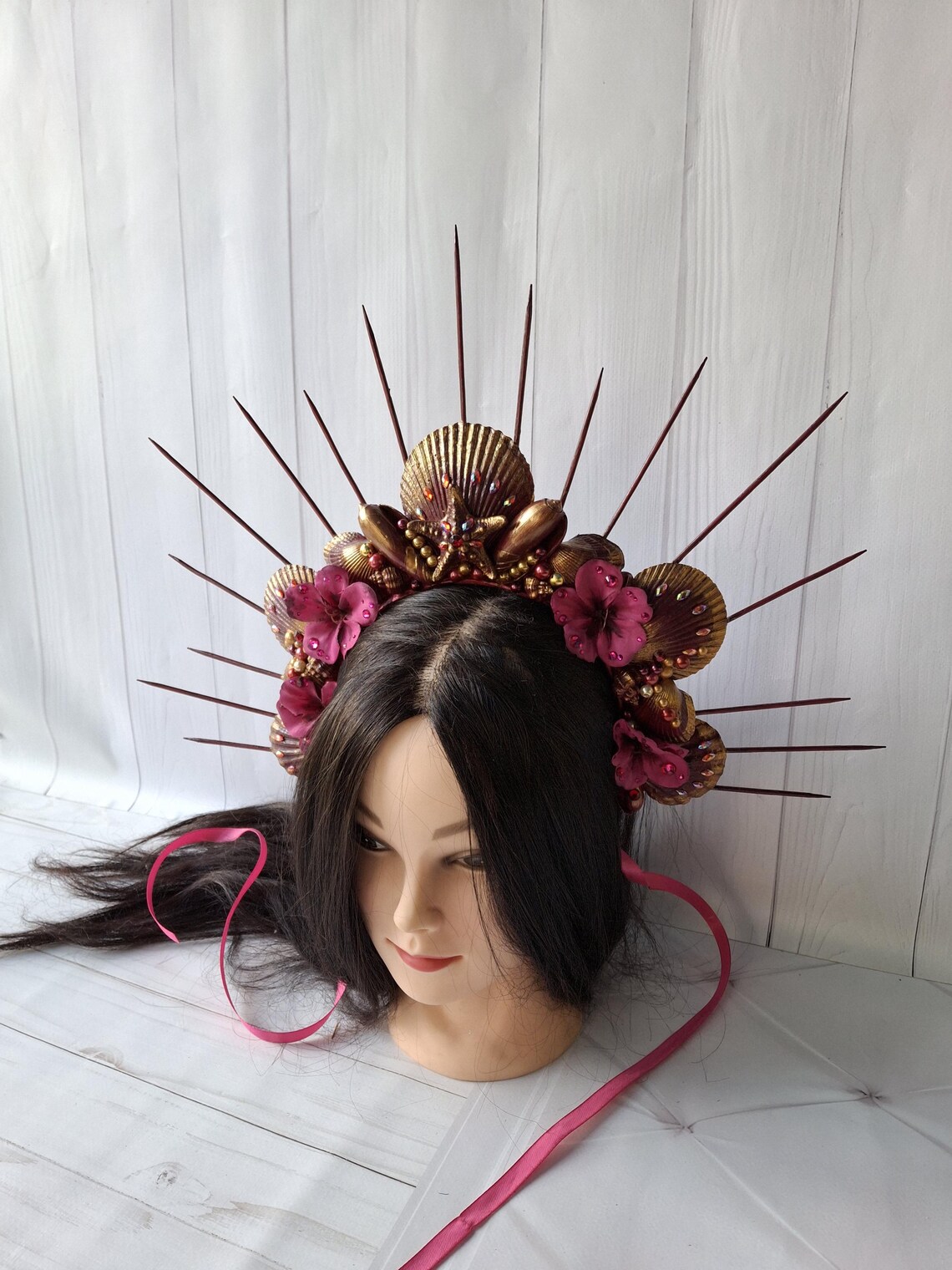 Burgundy Mermaid Crown Seashell Flower Siren Headpiece Sea Queen Halo ...