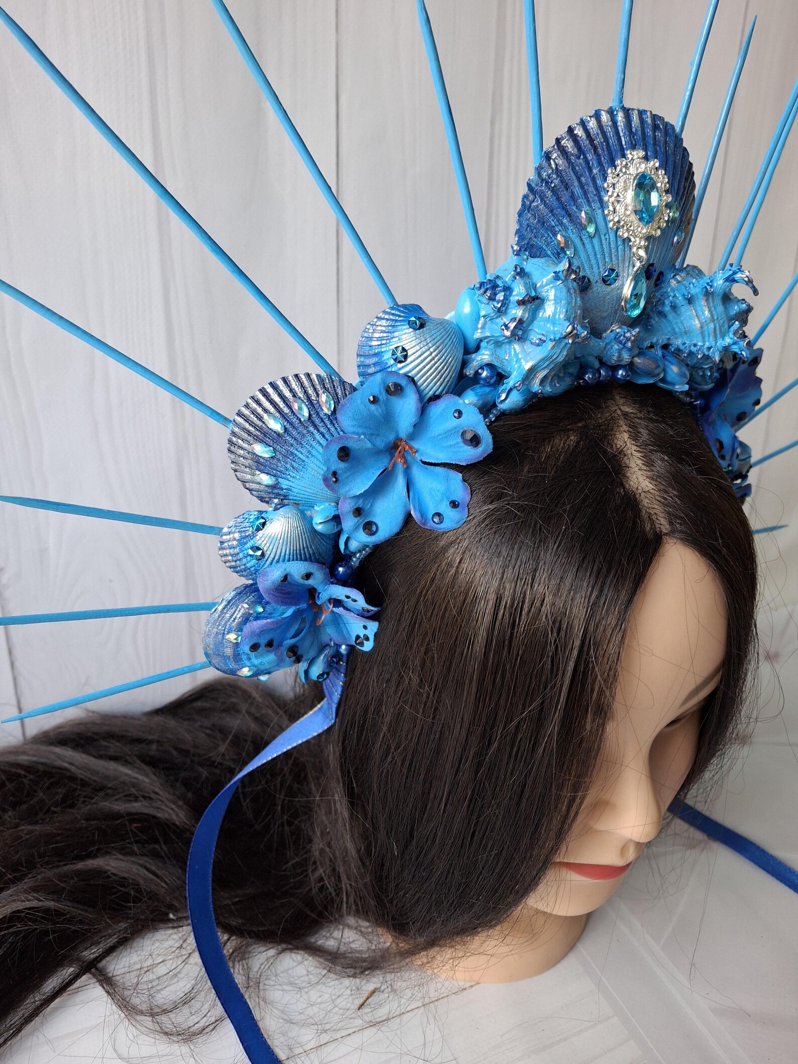 Blue Silver Mermaid Headpiece Sea Queen Halo Headdress Seashell Flower ...