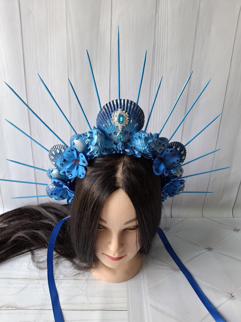 Blue Silver Mermaid Headpiece Sea Queen Halo Headdress Seashell Flower ...