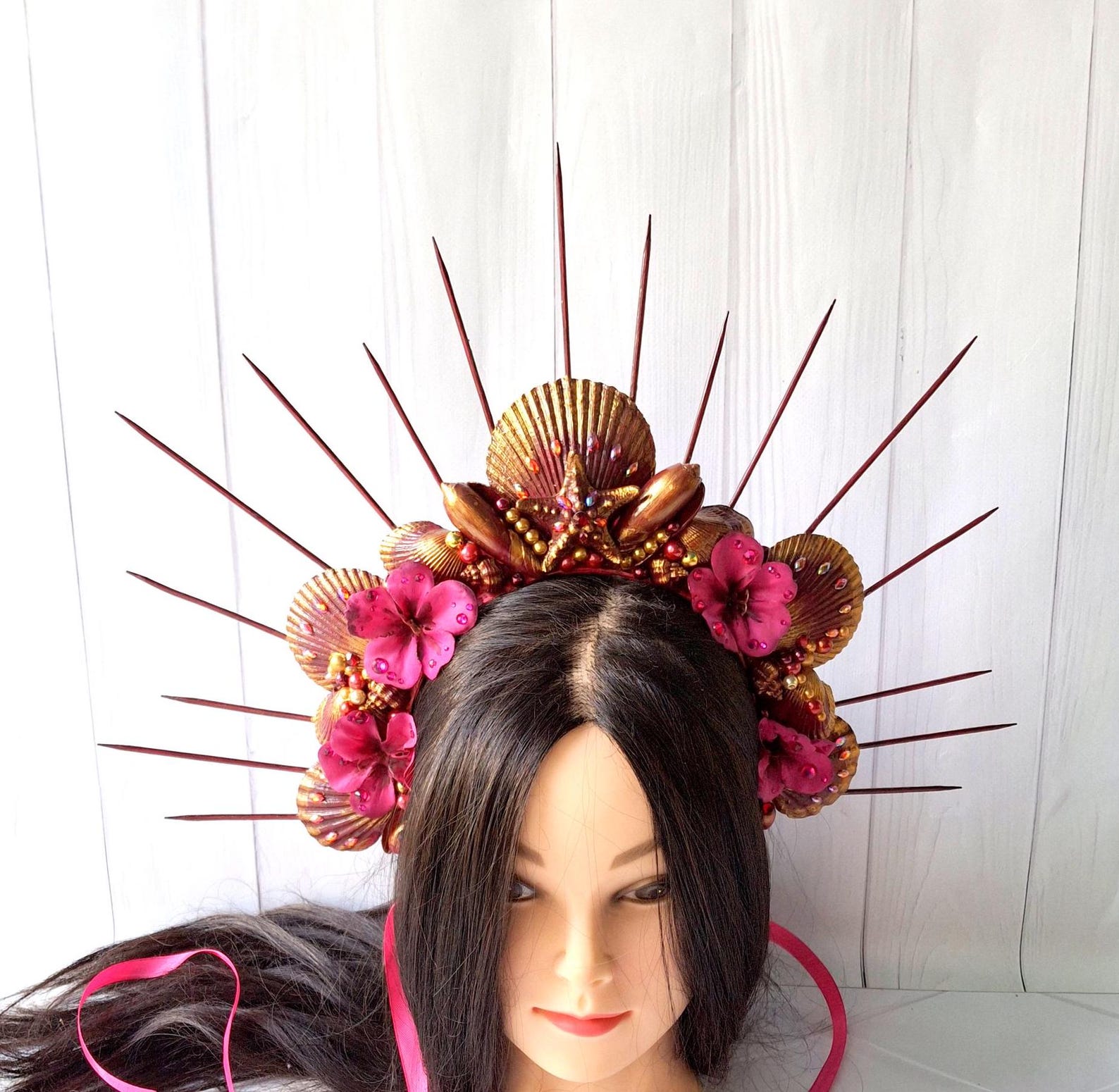 Burgundy Mermaid Crown Seashell Flower Siren Headpiece Sea Queen Halo ...