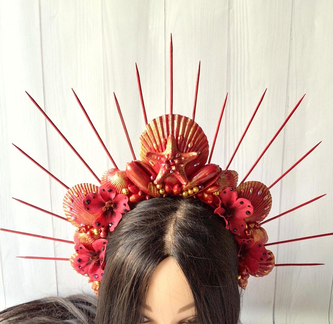 Red Gold Mermaid Headpiece Starfish Sea Queen Halo Headdress Seashell ...