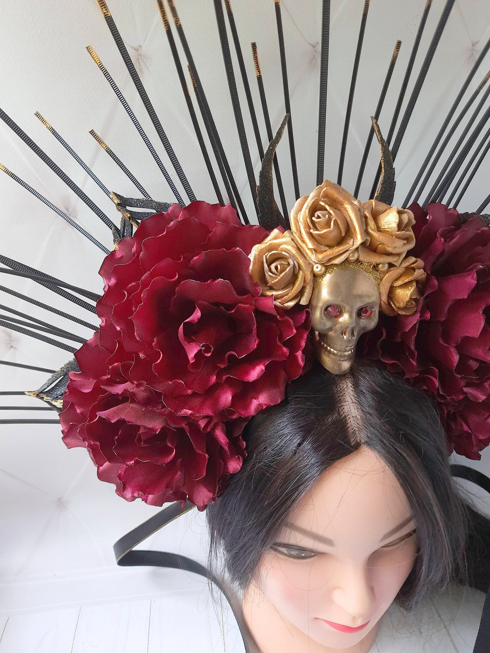 Gold Skull Goth Crown Spiked Gothic Headpiece Black Burgundy Halo Crown ...