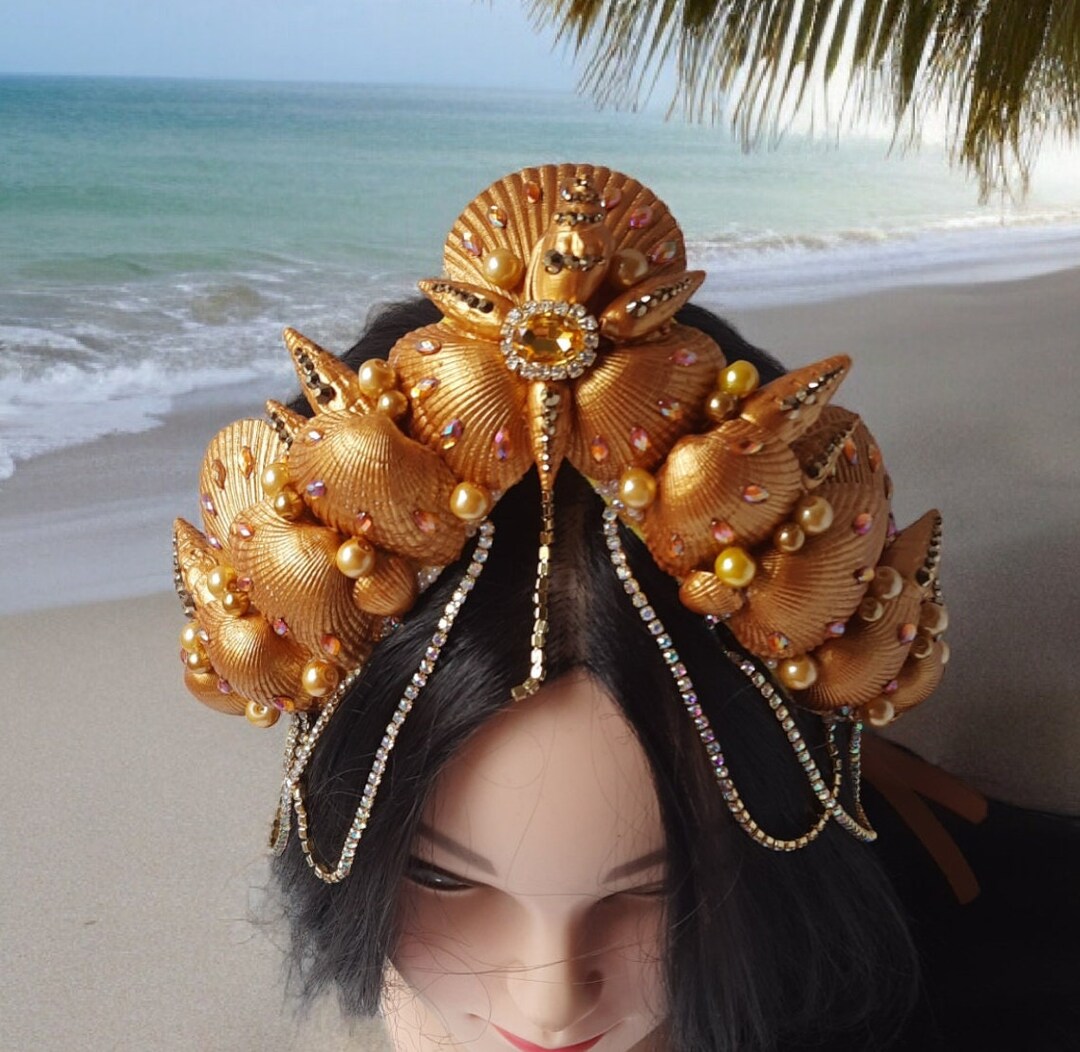Gold Mermaid Crown Tiara for Women Seashell Siren Headpiece Sea Queen ...