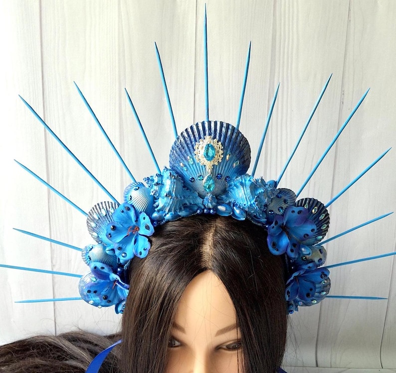 Blue Silver Mermaid Headpiece Sea Queen Halo Headdress Seashell Flower ...