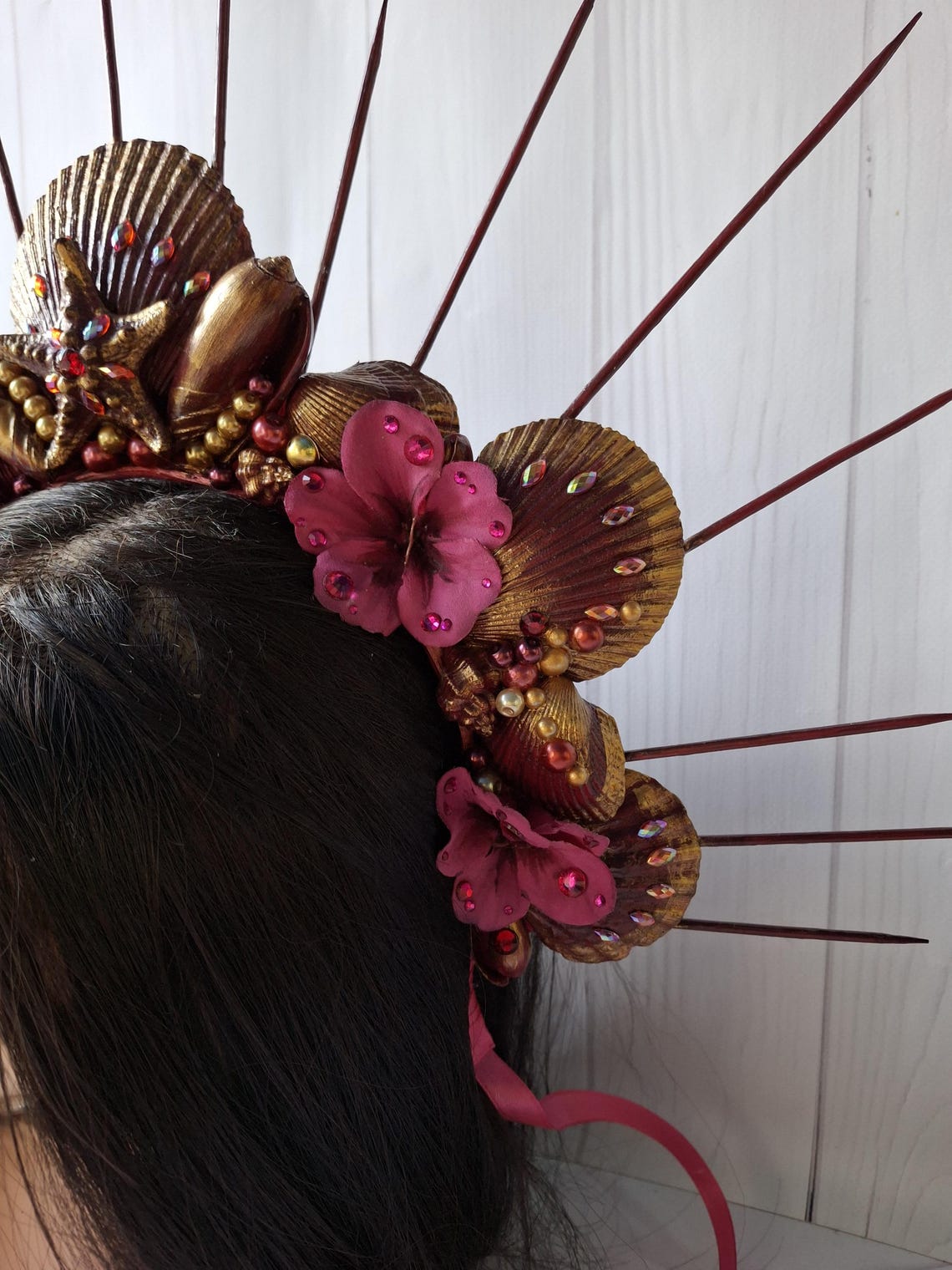 Burgundy Mermaid Crown Seashell Flower Siren Headpiece Sea Queen Halo ...