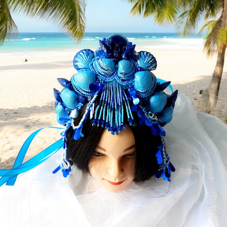 Blue Siren Headpiece Skull Mermaid Tiara for Women Seashell Mermaid ...