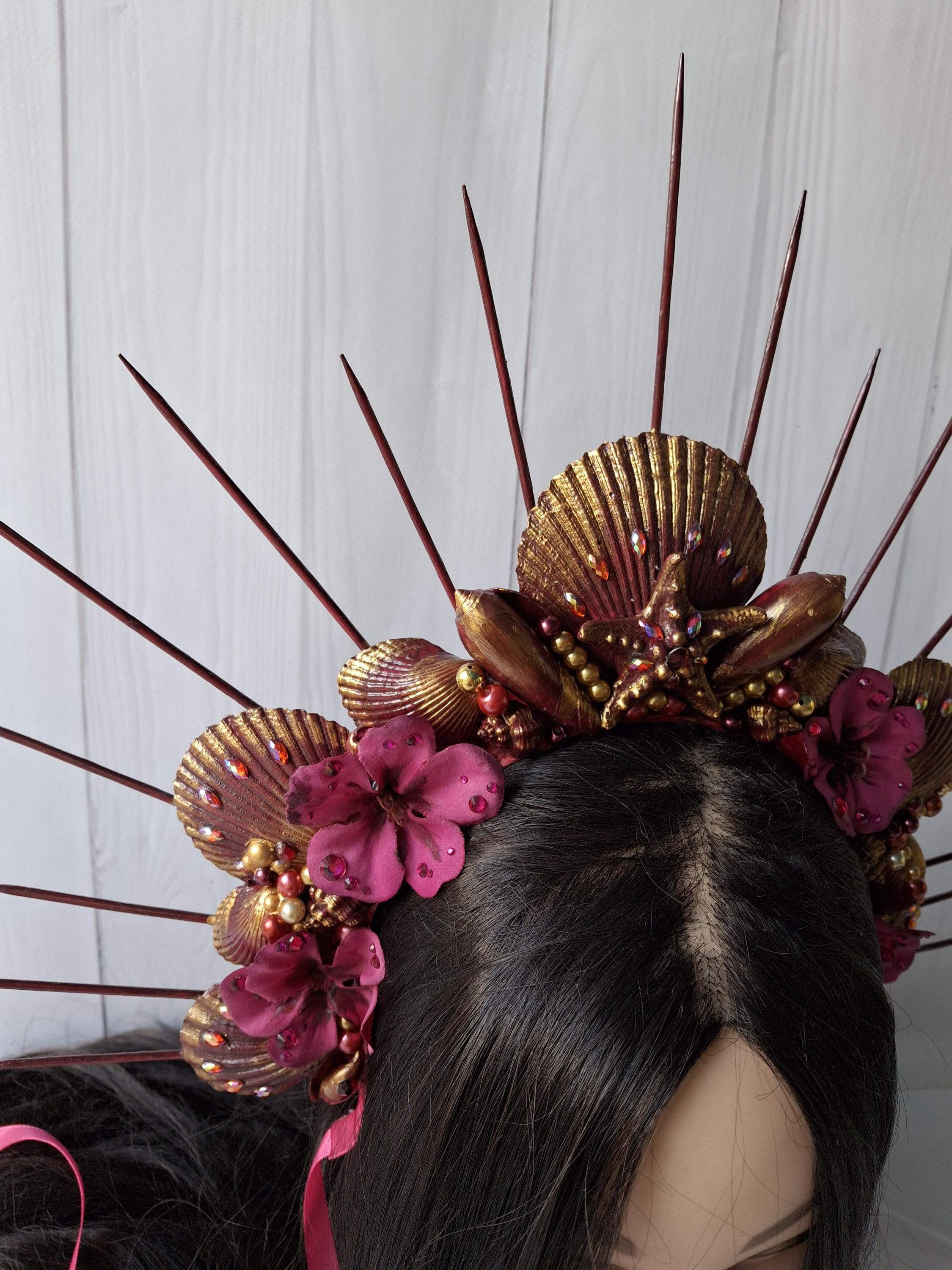 Burgundy Mermaid Crown Seashell Flower Siren Headpiece Sea Queen Halo ...