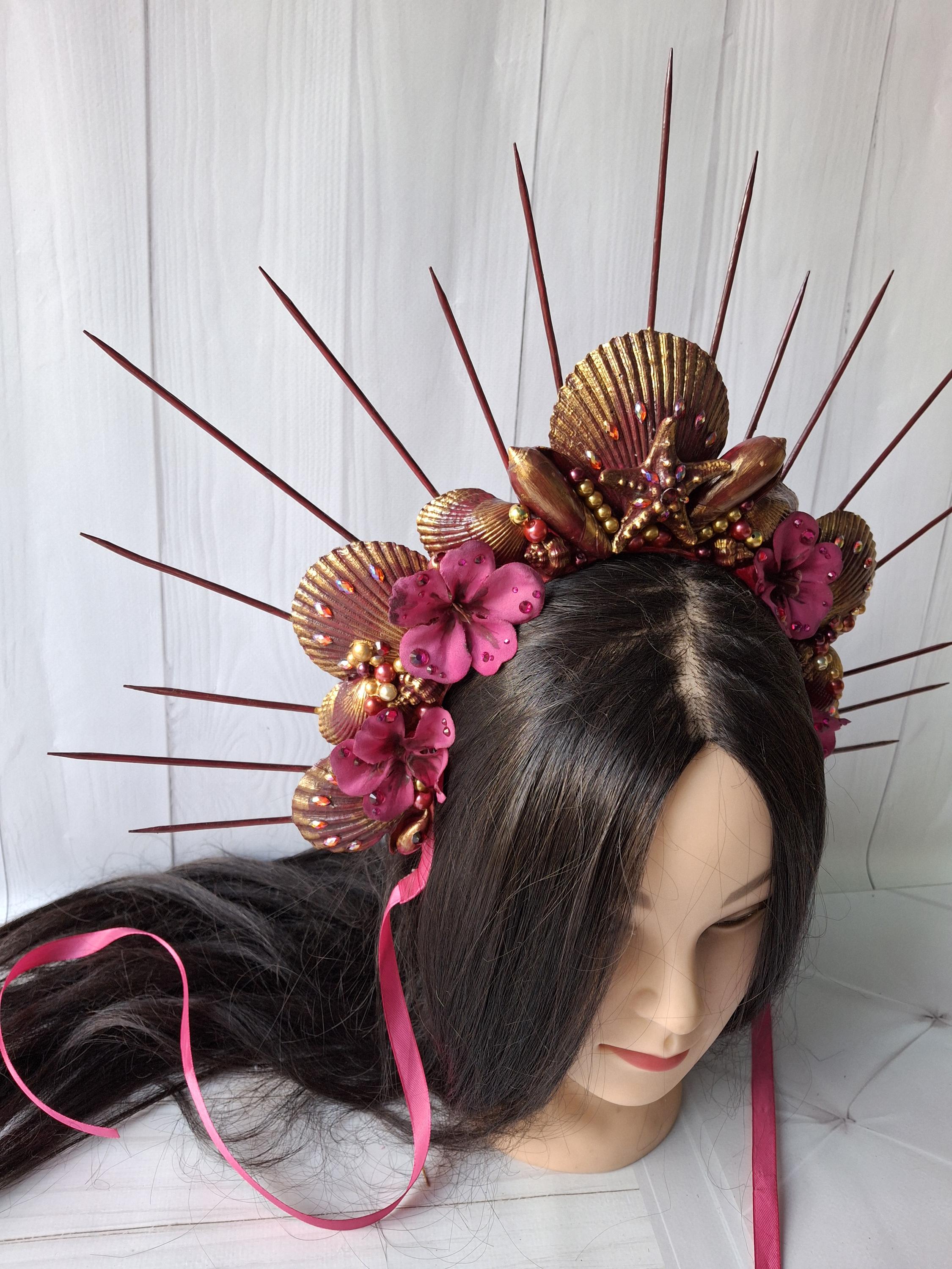 Burgundy Mermaid Crown Seashell Flower Siren Headpiece Sea Queen Halo ...
