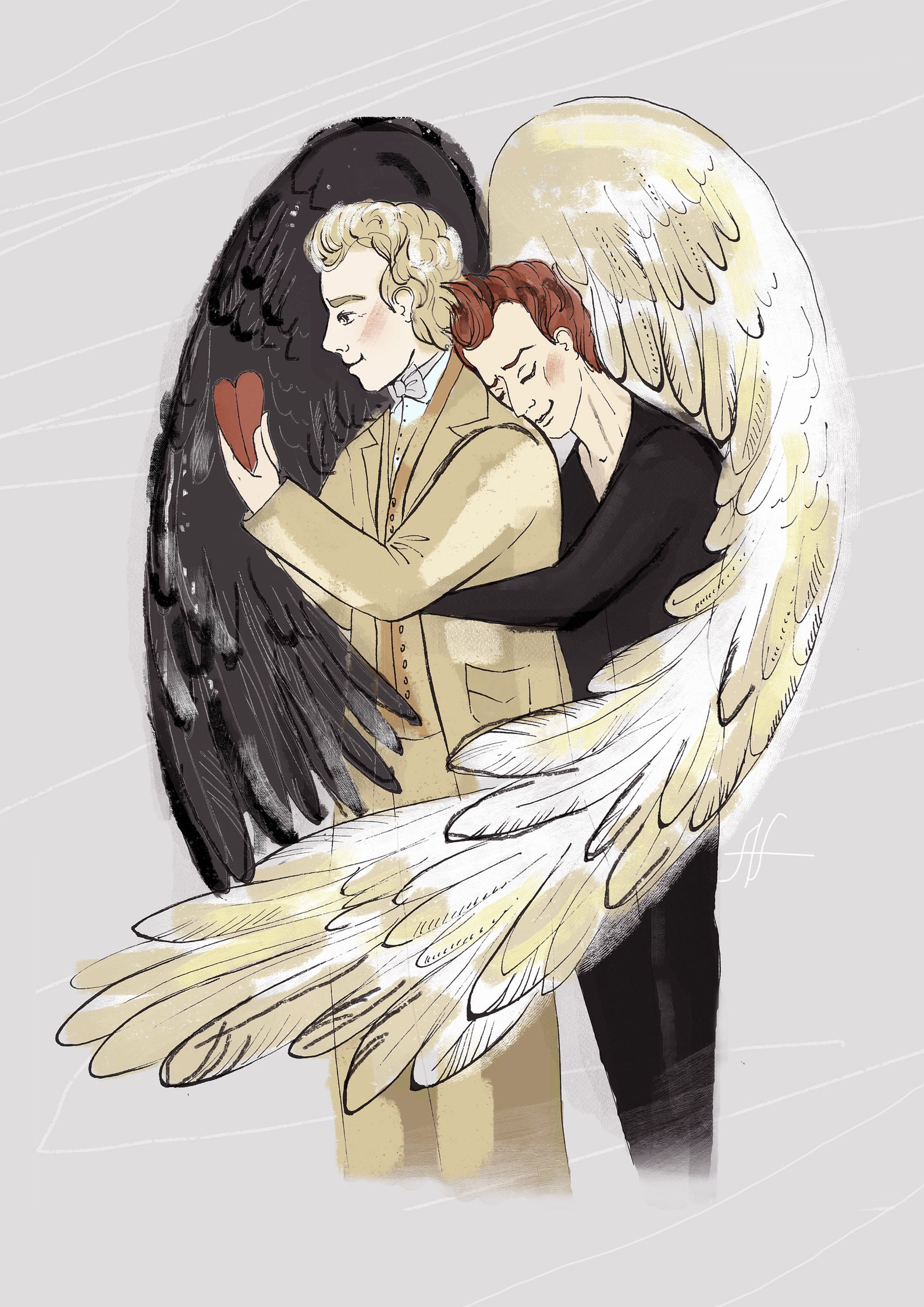 Good Omens print. Crowley and Aziraphale wing hug. | Etsy