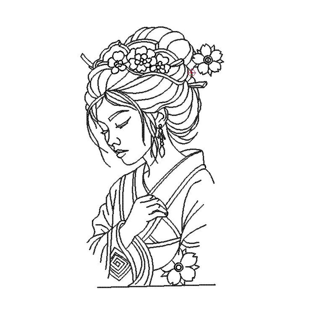 Geisha Embroidery Design: Japanese Kimono Line Art (digital Pattern) - Etsy
