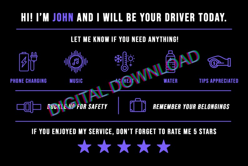 Custom Name Rideshare Printable Tip Sign for Uber or Lyft - Etsy