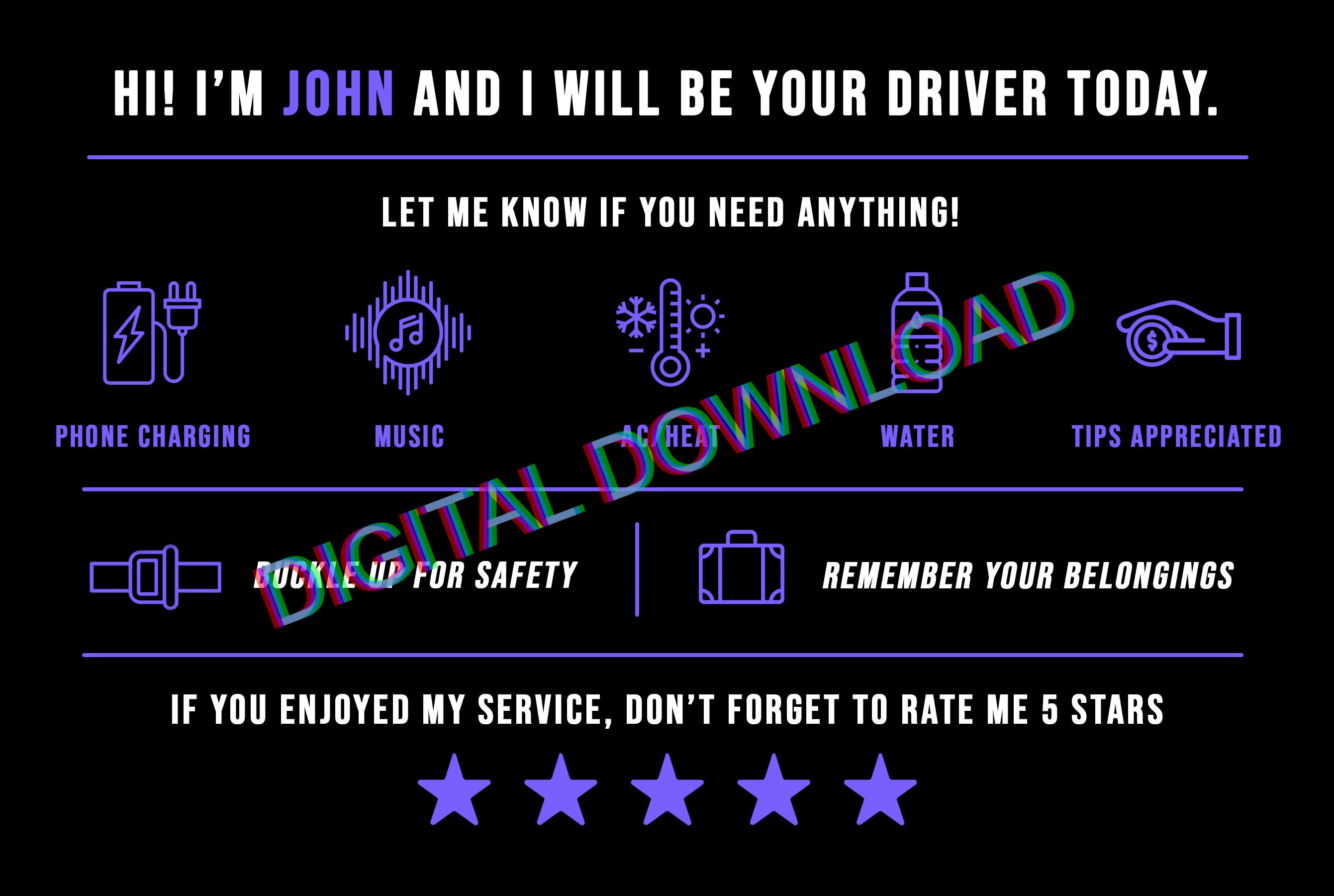 Custom Name Rideshare Printable Tip Sign for Uber or Lyft - Etsy