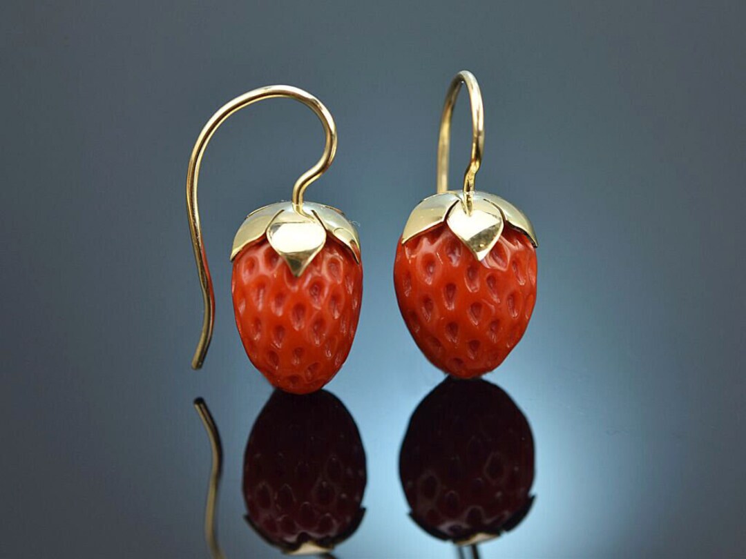 Large Coral Strawberry Earrings Made of 585 Yellow Gold - Etsy