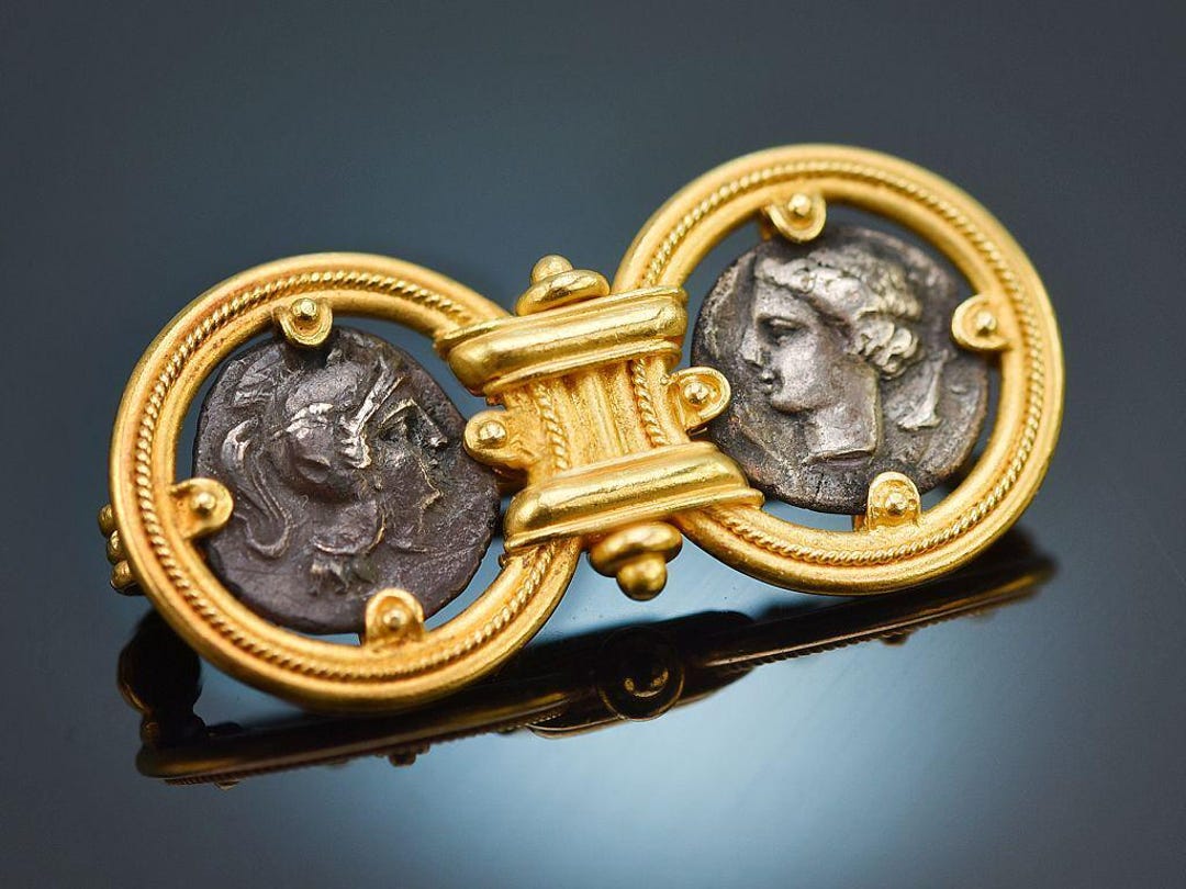 Rare Signed Brooch With Antique Coins in 750 Gold by Castellani, Circa ...
