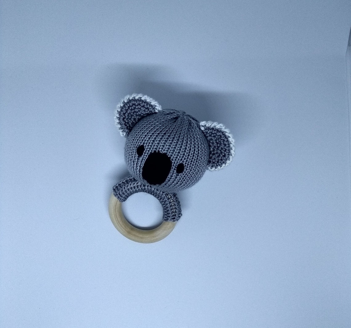Small Knitted Koala Baby Rattle Toy on Wooden Teething Ring - Etsy