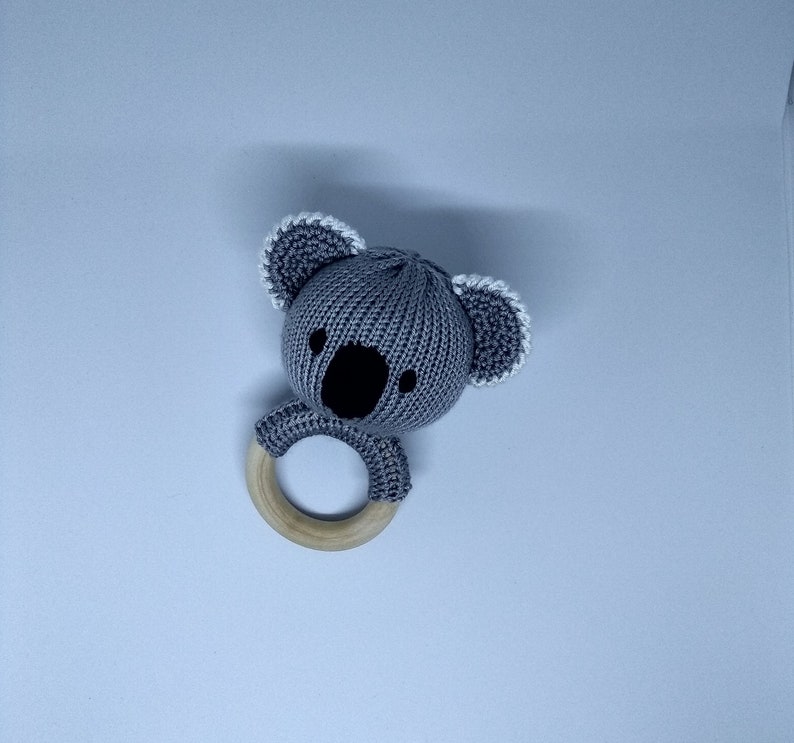 Small Knitted Koala Baby Rattle Toy on Wooden Teething Ring - Etsy
