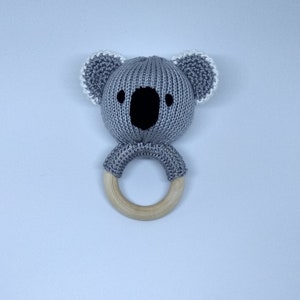 Small Knitted Koala Baby Rattle Toy on Wooden Teething Ring - Etsy