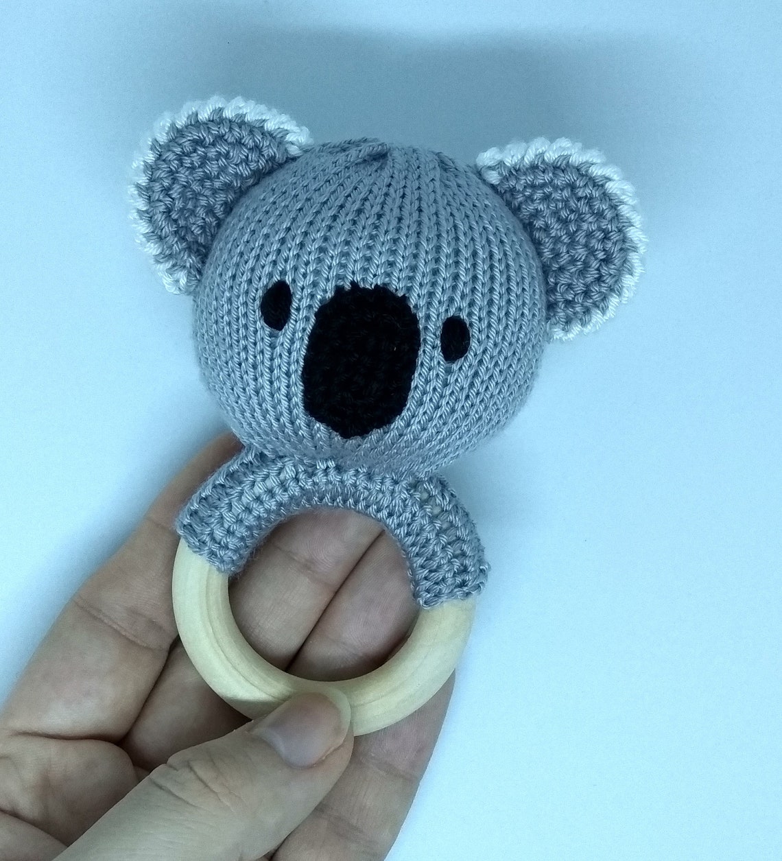 Small Knitted Koala Baby Rattle Toy on Wooden Teething Ring - Etsy