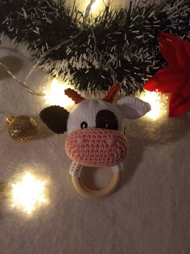 Ready Made Small Cow Baby Rattle Toy Girl/boy Teething Ring - Etsy