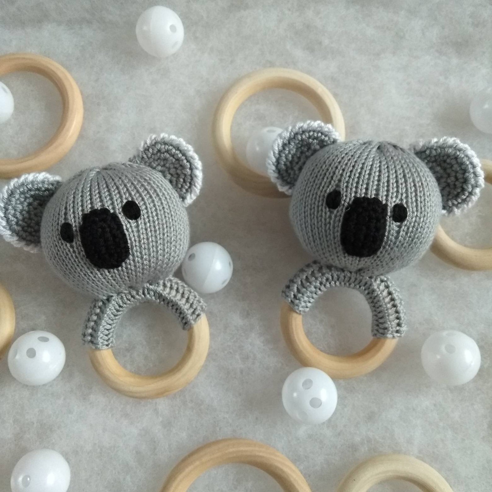 Small Knitted Koala Baby Rattle Toy on Wooden Teething Ring - Etsy