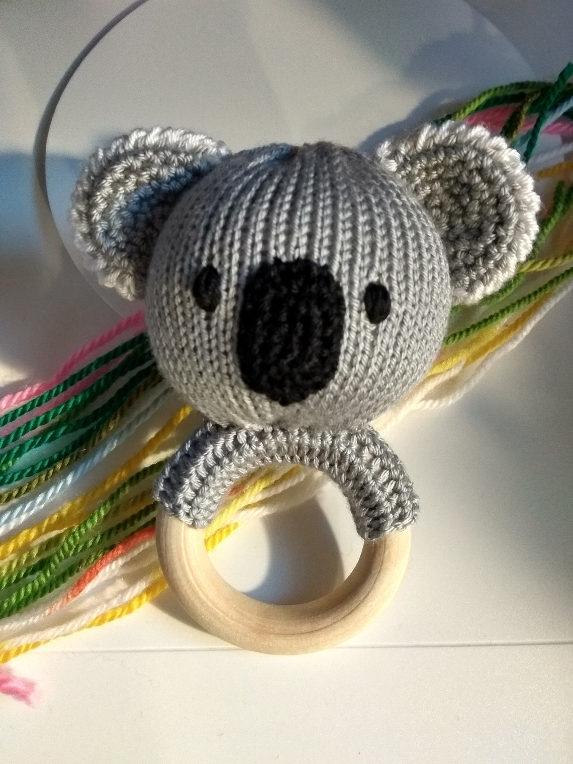Small Knitted Koala Baby Rattle Toy on Wooden Teething Ring - Etsy