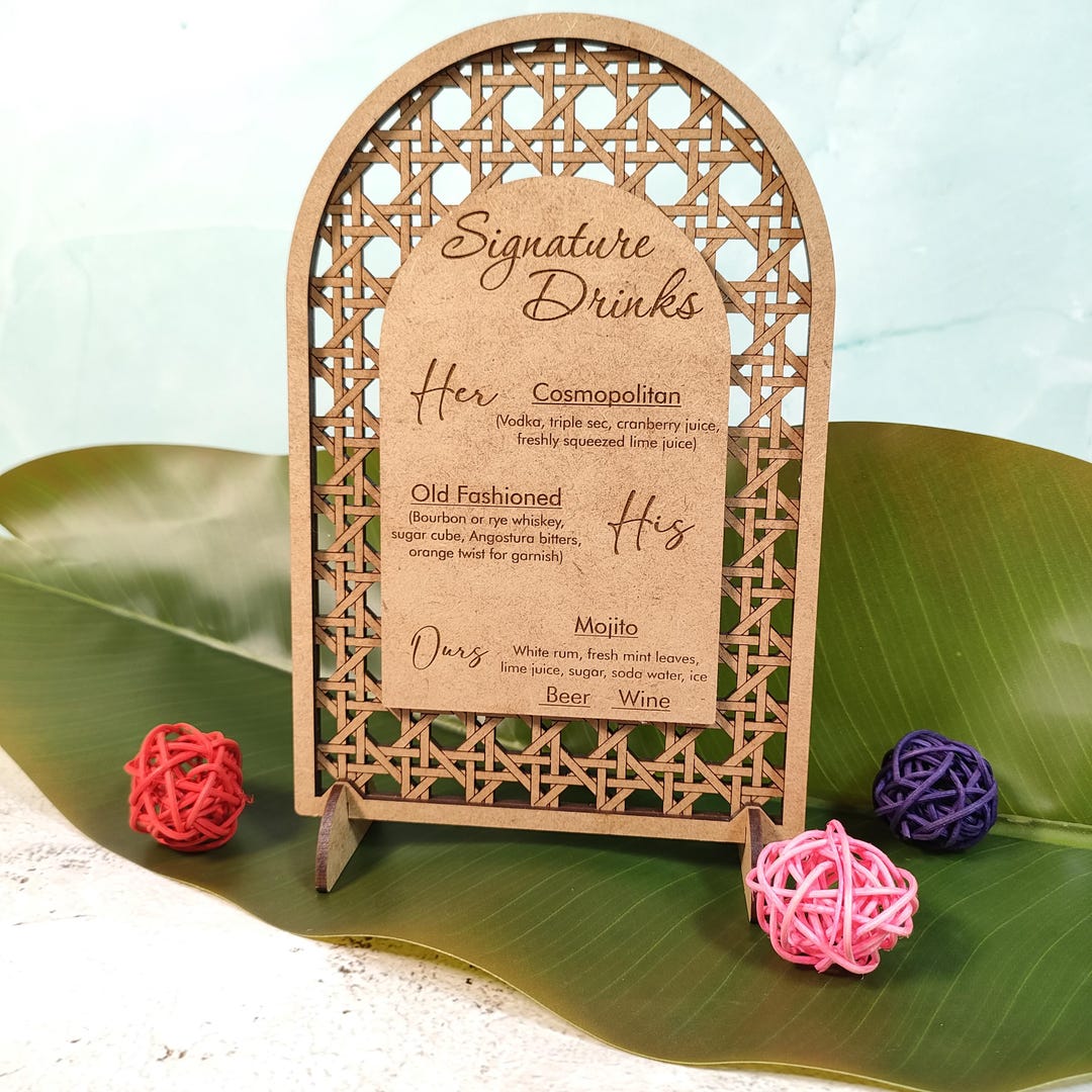 Tall Rattan Signature Drinks Sign Personalized, Cocktail Bar Menu Sign ...